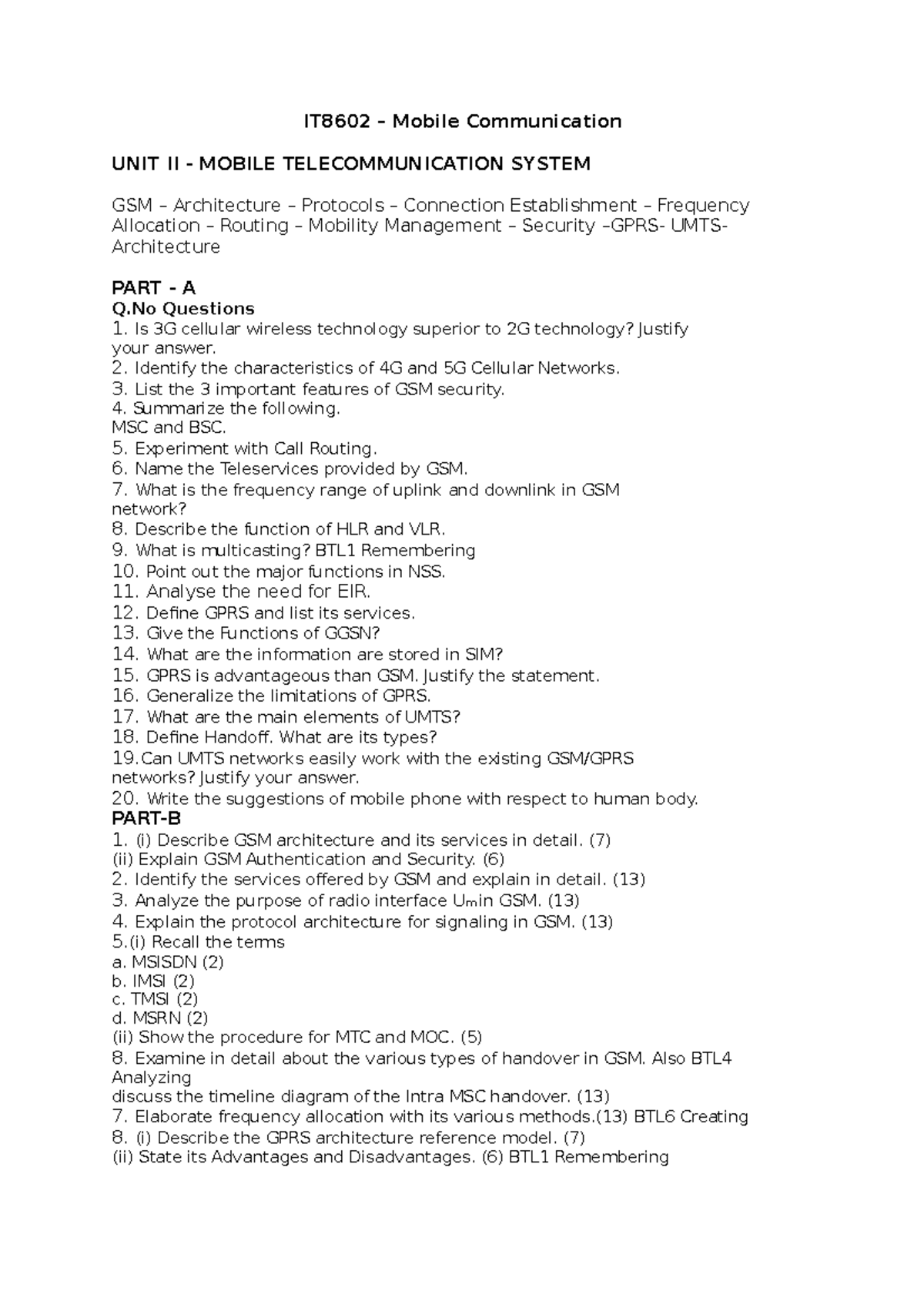 IT8602 - Mobile Communication Notes: Units 1 & 2 on Telecommunication ...