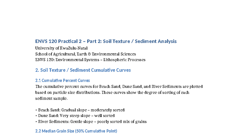 ENVS 120 Practical 2: Soil Texture Sediment Analysis Results - Studocu
