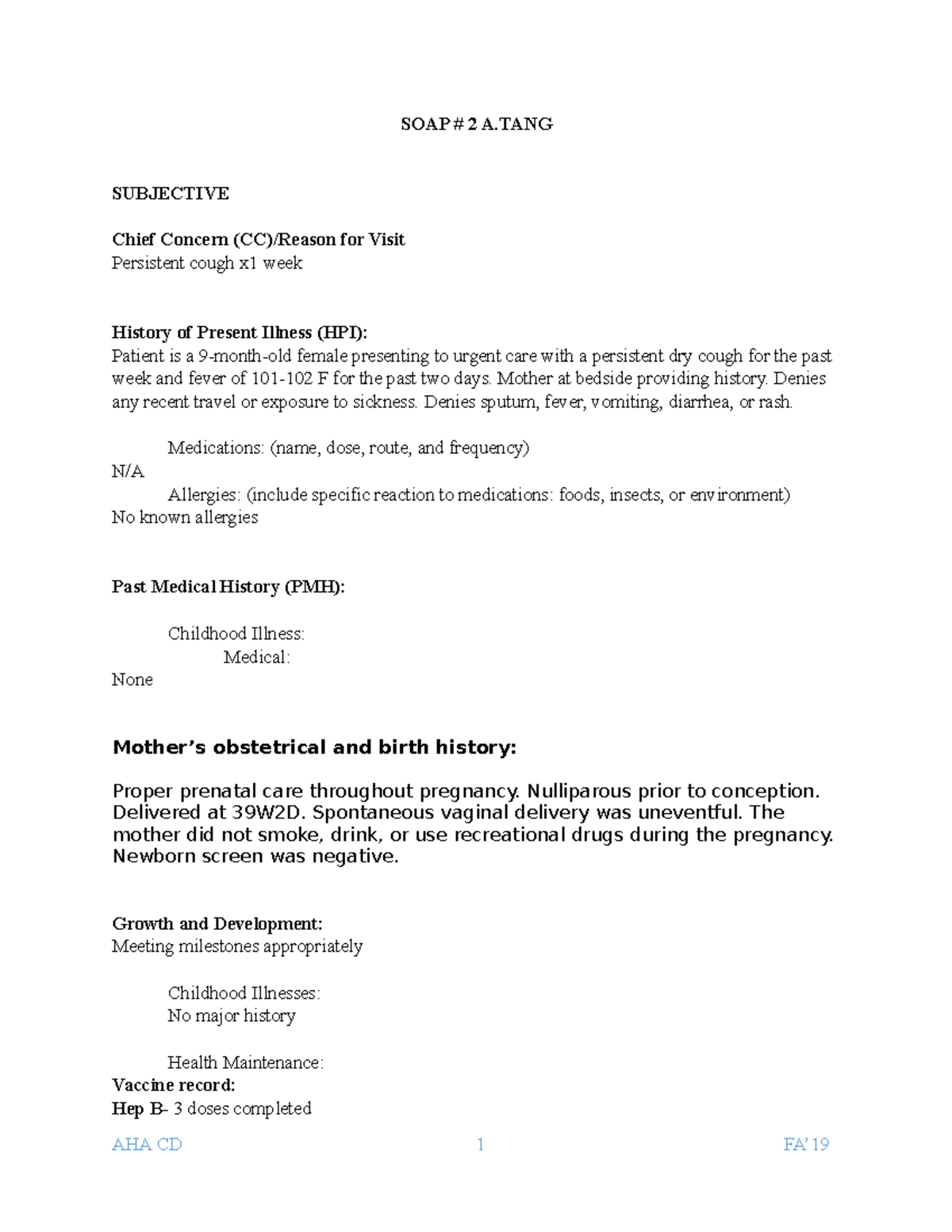 SOAP Note #2: Pediatric Cough Assessment and Management - Studocu
