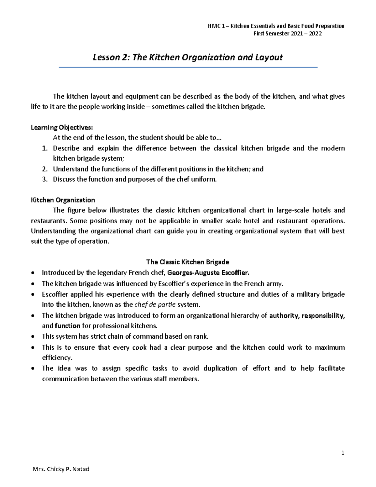 Lesson 2- The Kitchen Organization and Layout - First Semester 2021 ...