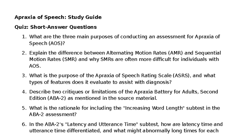 Apraxia of Speech (AOS) Workshop 2: Study Guide & Quiz - Studocu