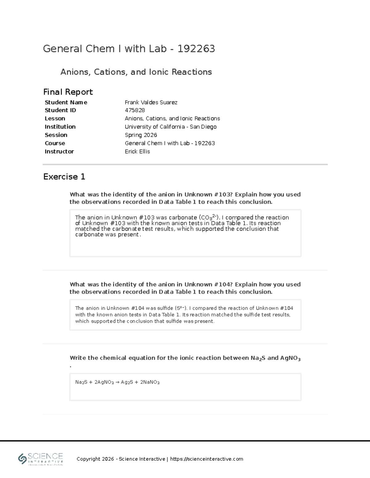 General Chem I with Lab 192263 Final Report on Anions & Cations - Studocu