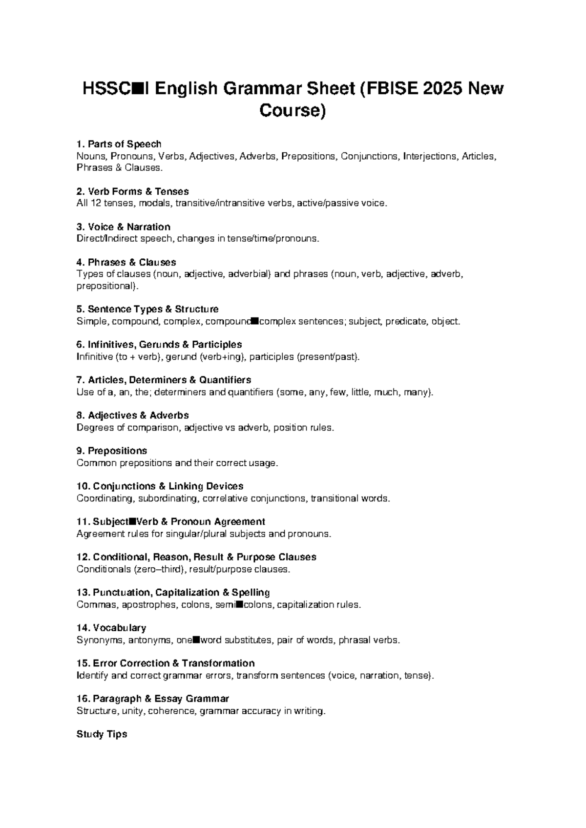 HSSC-I English Grammar Study Guide (FBISE 2025) - Studocu