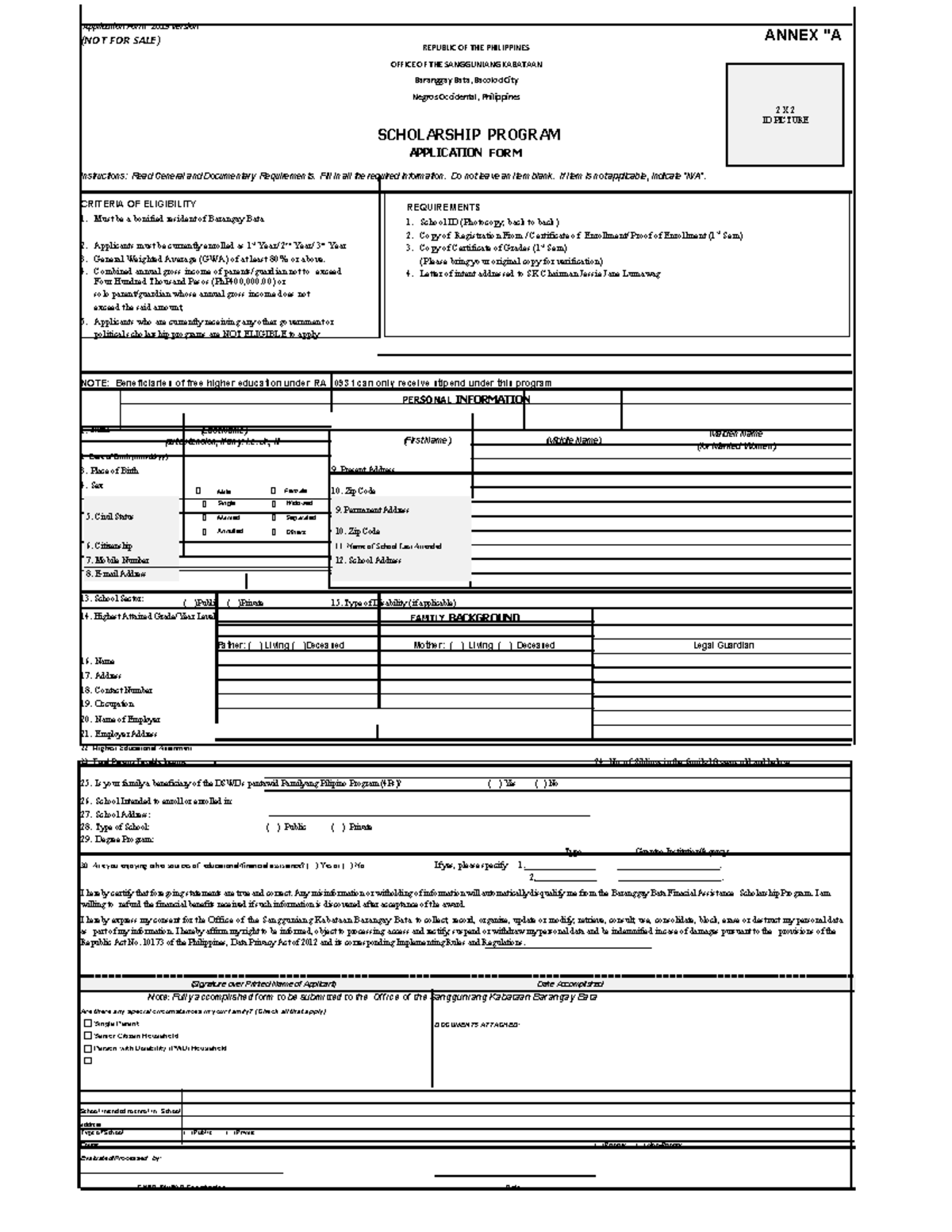 Barangay Bata Scholarship Program Application Form 2019 - Studocu