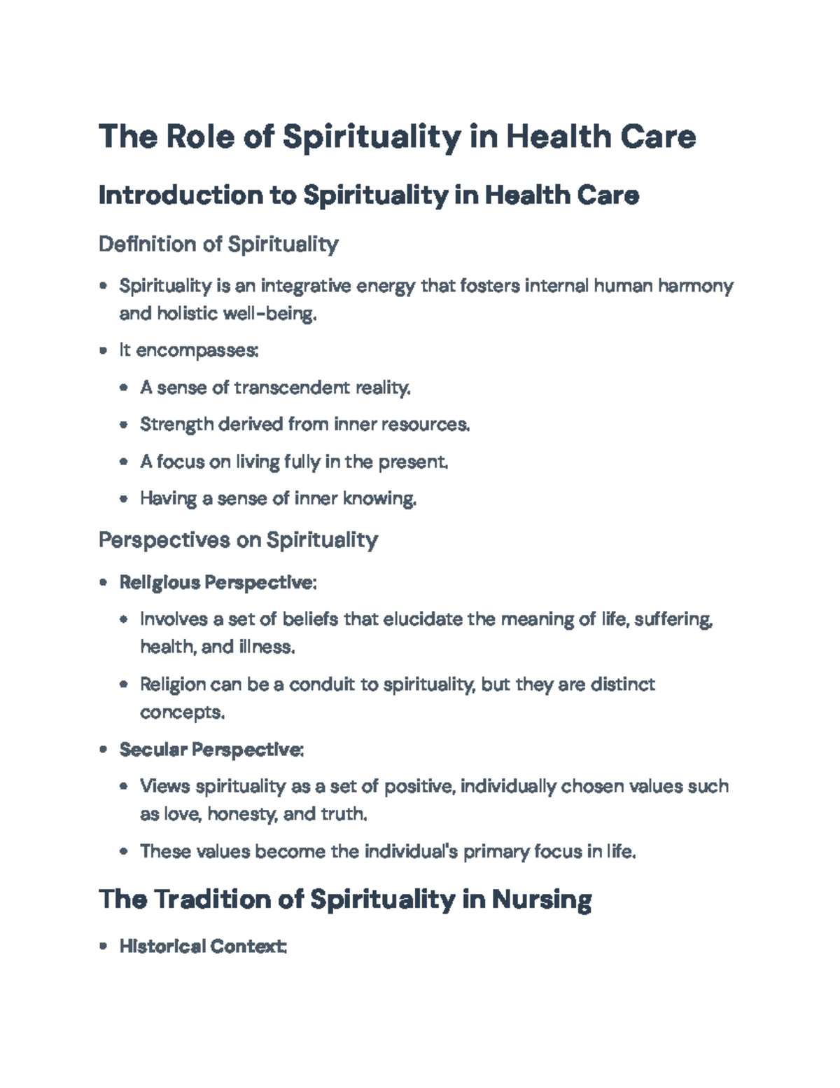 The Role of Spirituality in Health Care: Concepts and Practices - The ...