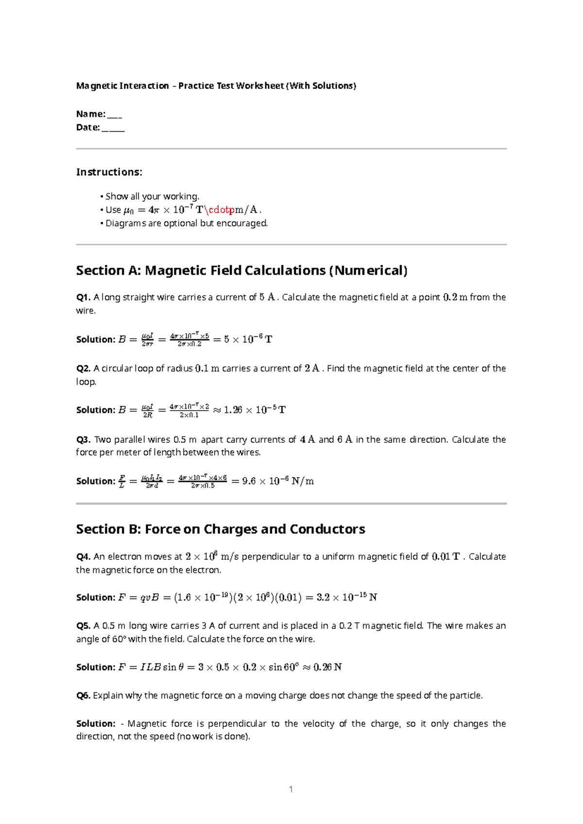Magnetic Interaction Practice Test Worksheet (With Solutions) - Studocu