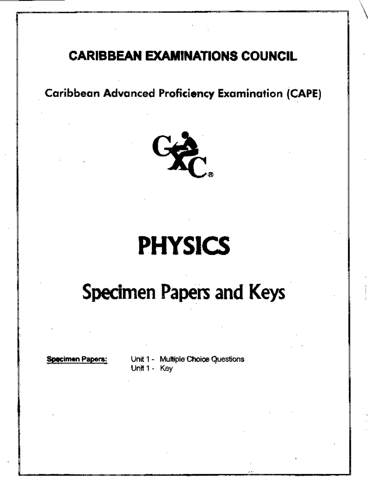 CAPE Physics Unit 1 Specimen Paper One with Detailed Solutions - Studocu