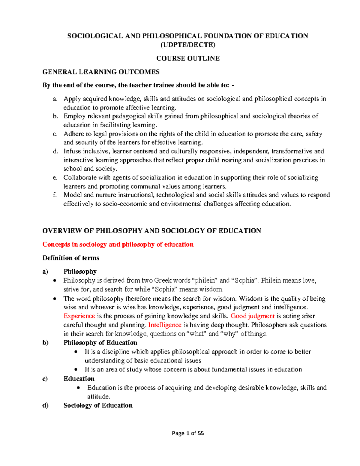 Sociological & Philosophical Foundations of Education (UDPTE/DECTE ...