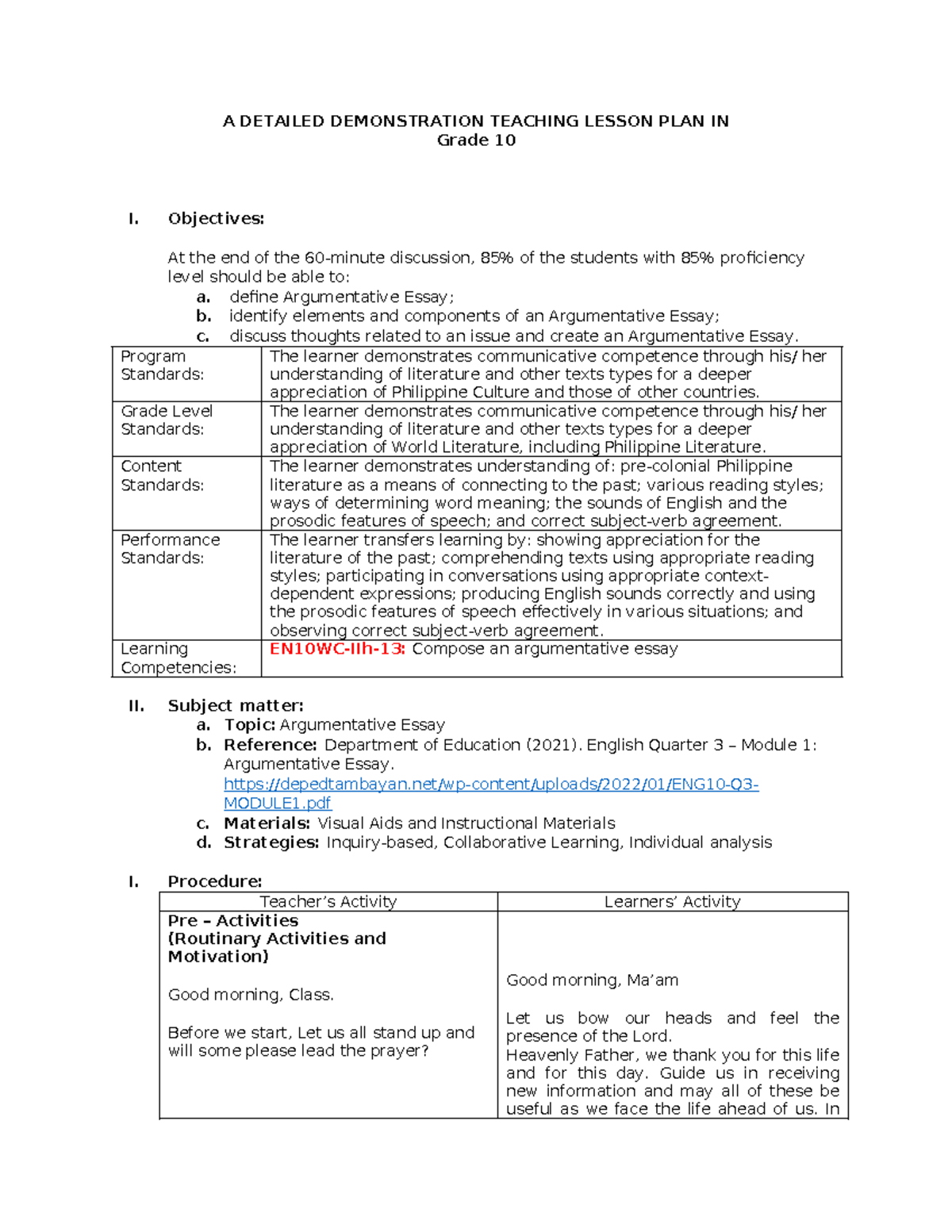 DLP- Argumentative Essay Teaching Lesson Plan for Grade 10 - Studocu