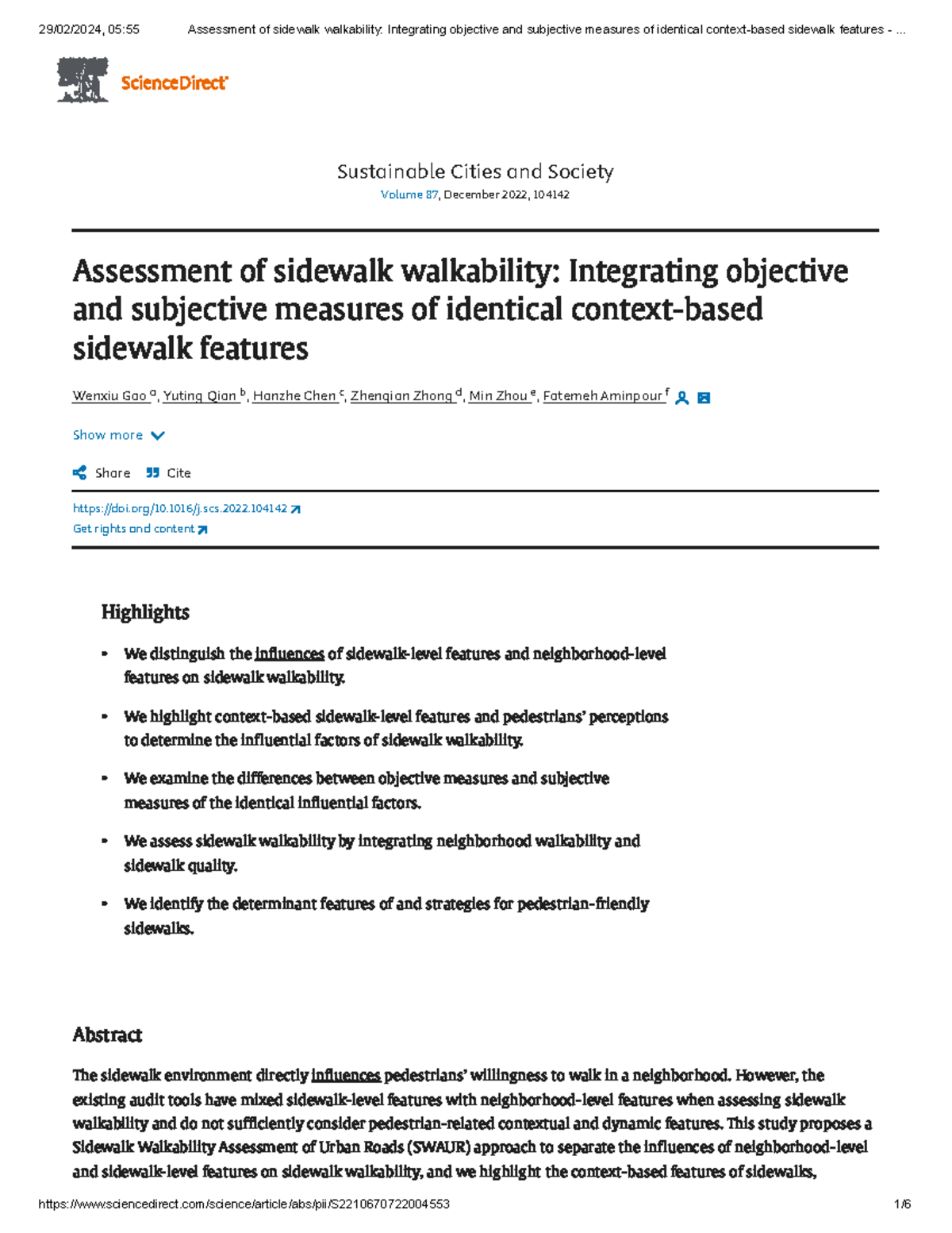 Assessment of Sidewalk Walkability: Objective Integration - GAO 2022 ...