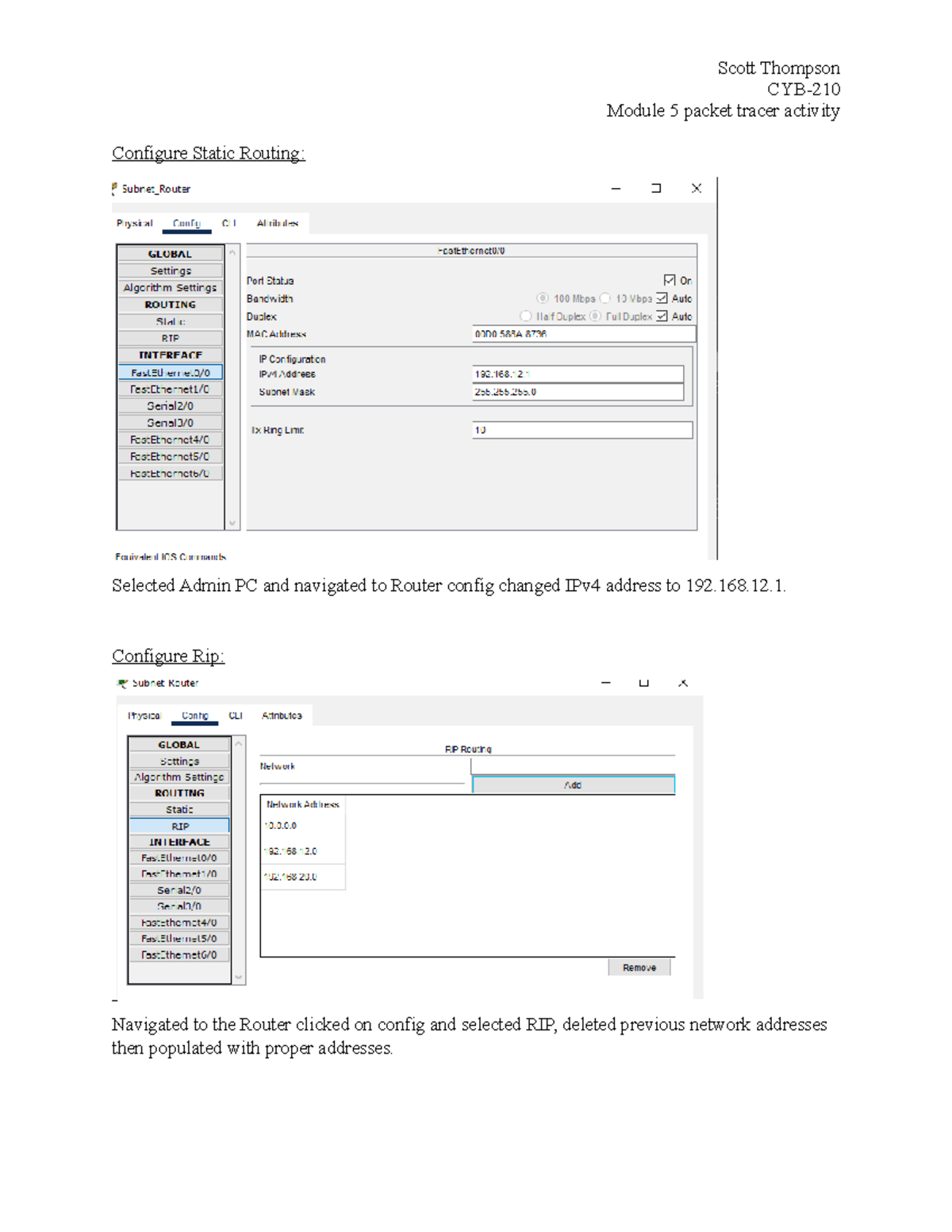 CYB 210 Module 5 Packet Tracer Activity Scott Thompson - CYB- Module 5 packet tracer activity ...