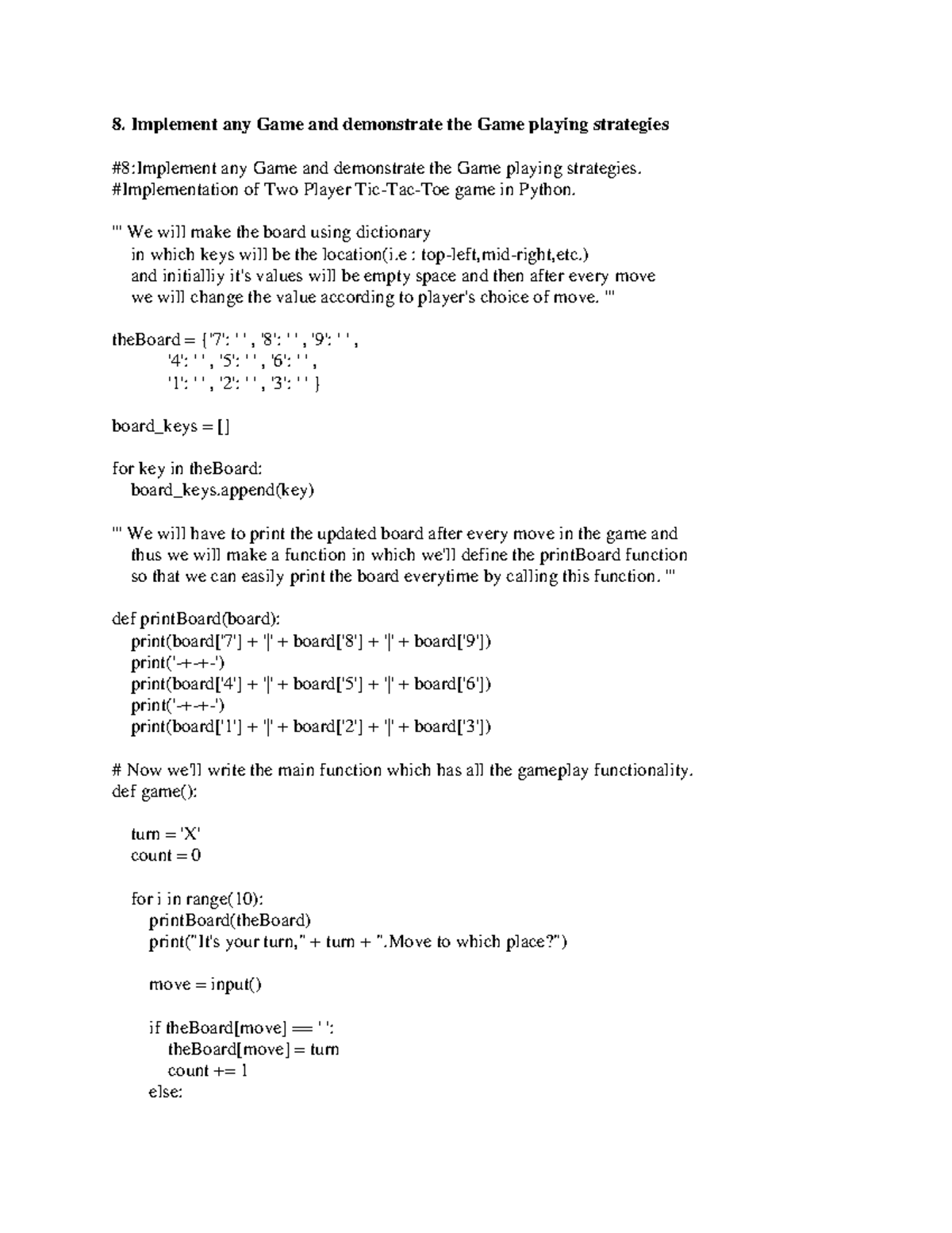 AI Prog-8: Implementing Two-Player Tic-Tac-Toe Game in Python - Studocu