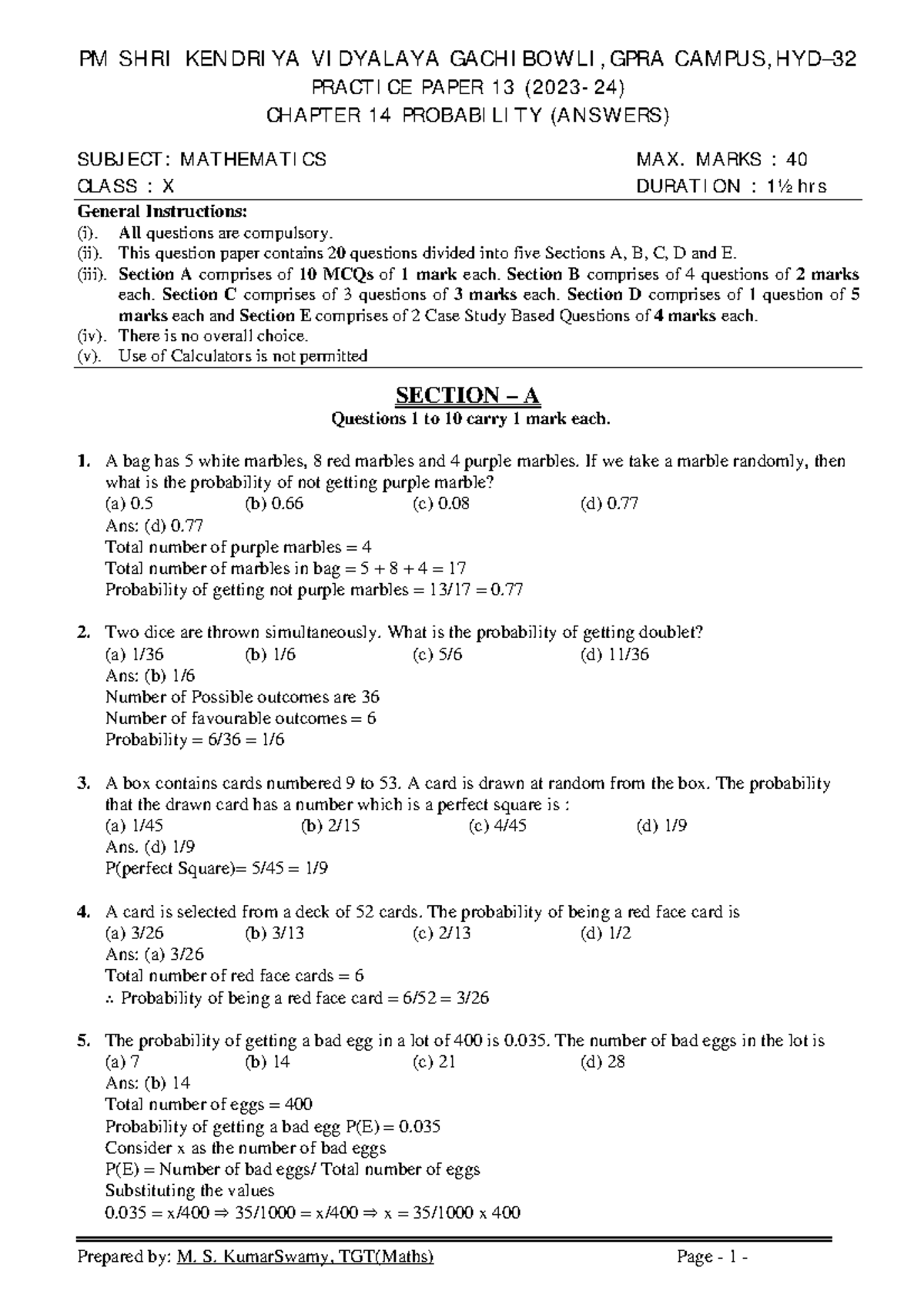 Probability Class 10 - Practice Paper 13 with Answers - Studocu