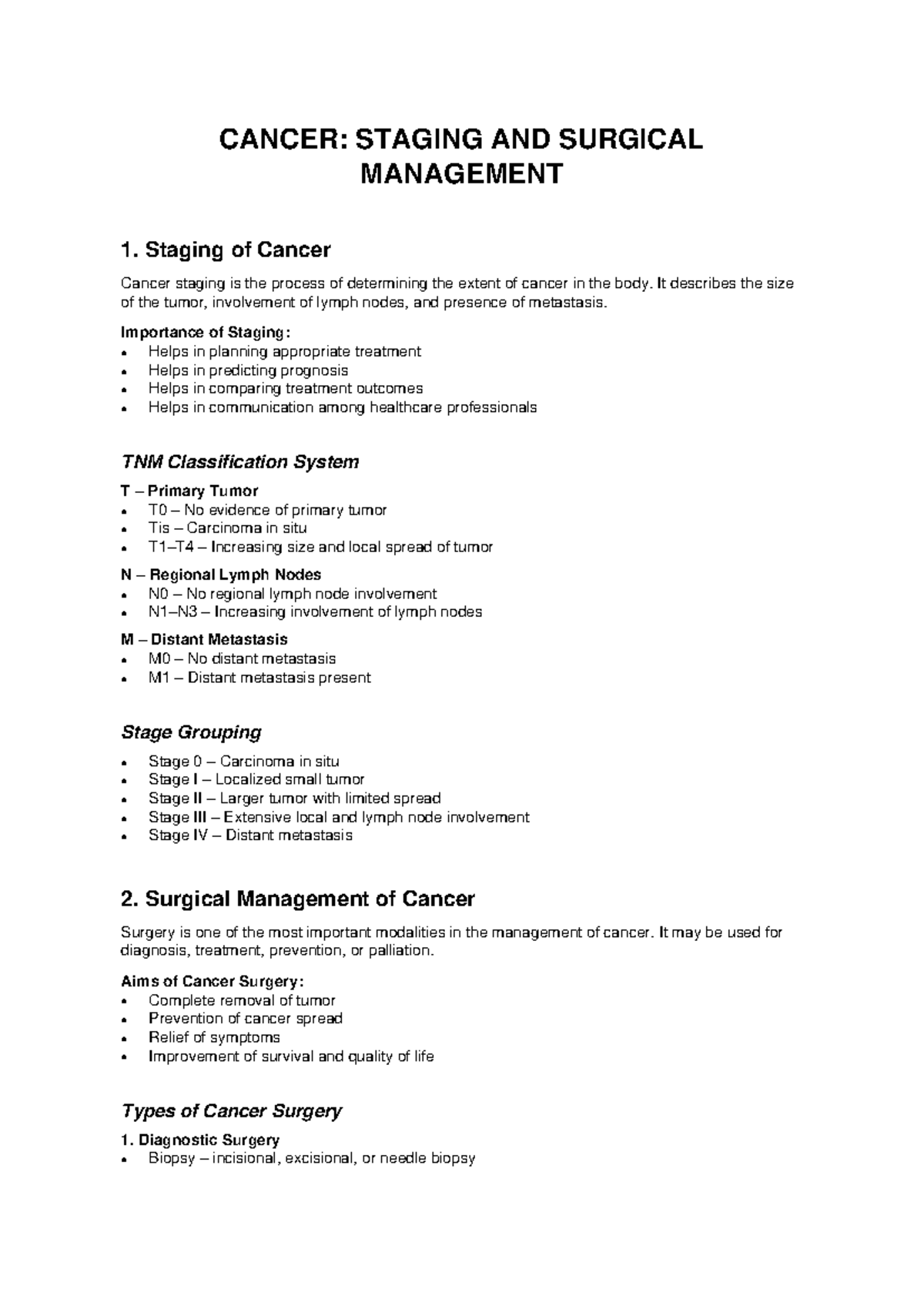 CANCER: STAGING & SURGICAL MANAGEMENT OVERVIEW - Studocu