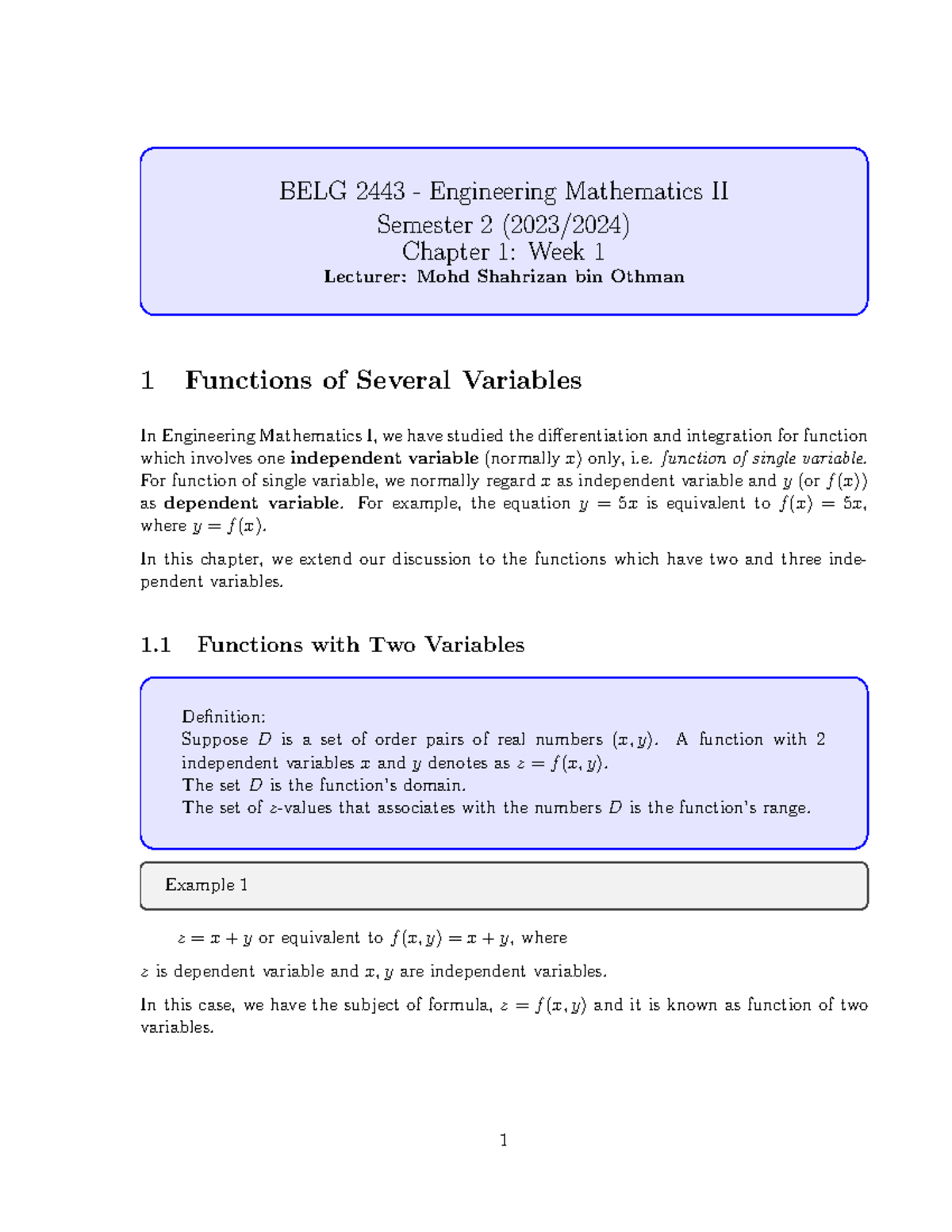 Chapter 1- Functions of Several Variables - BELG 2443 - Engineering ...