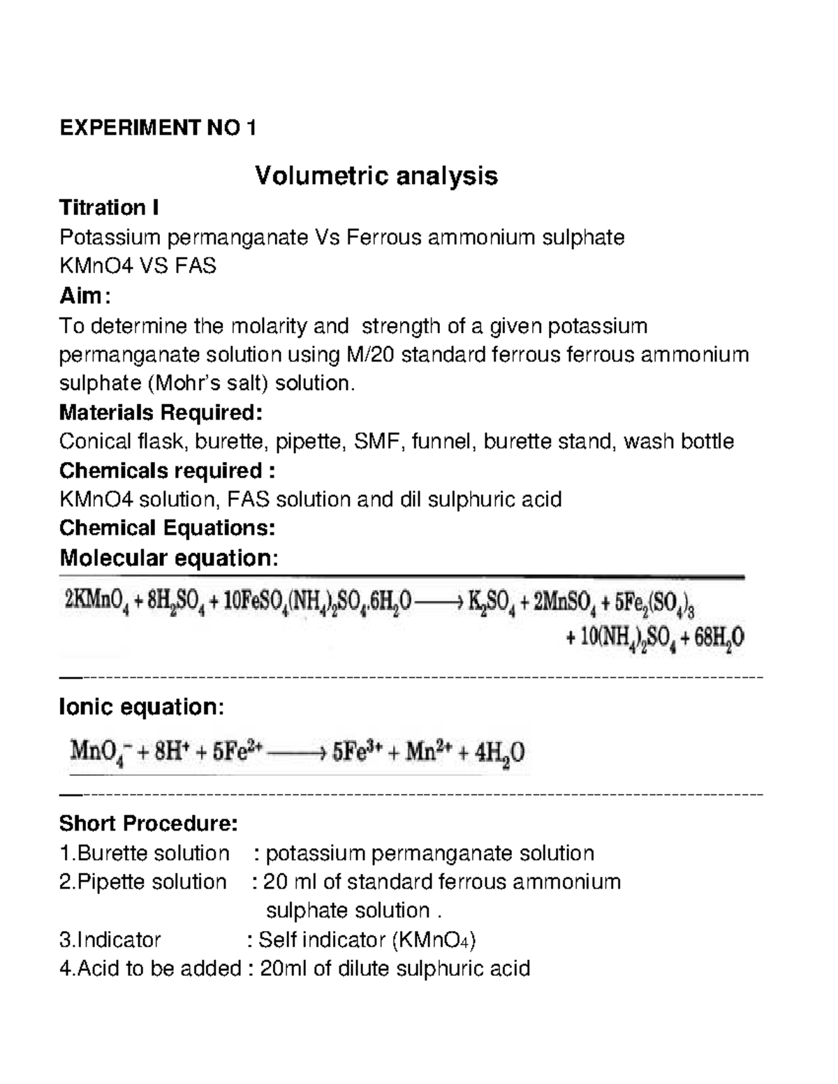 Experiment No. 1: Volumetric Analysis of KMnO4 vs FAS - Titration ...