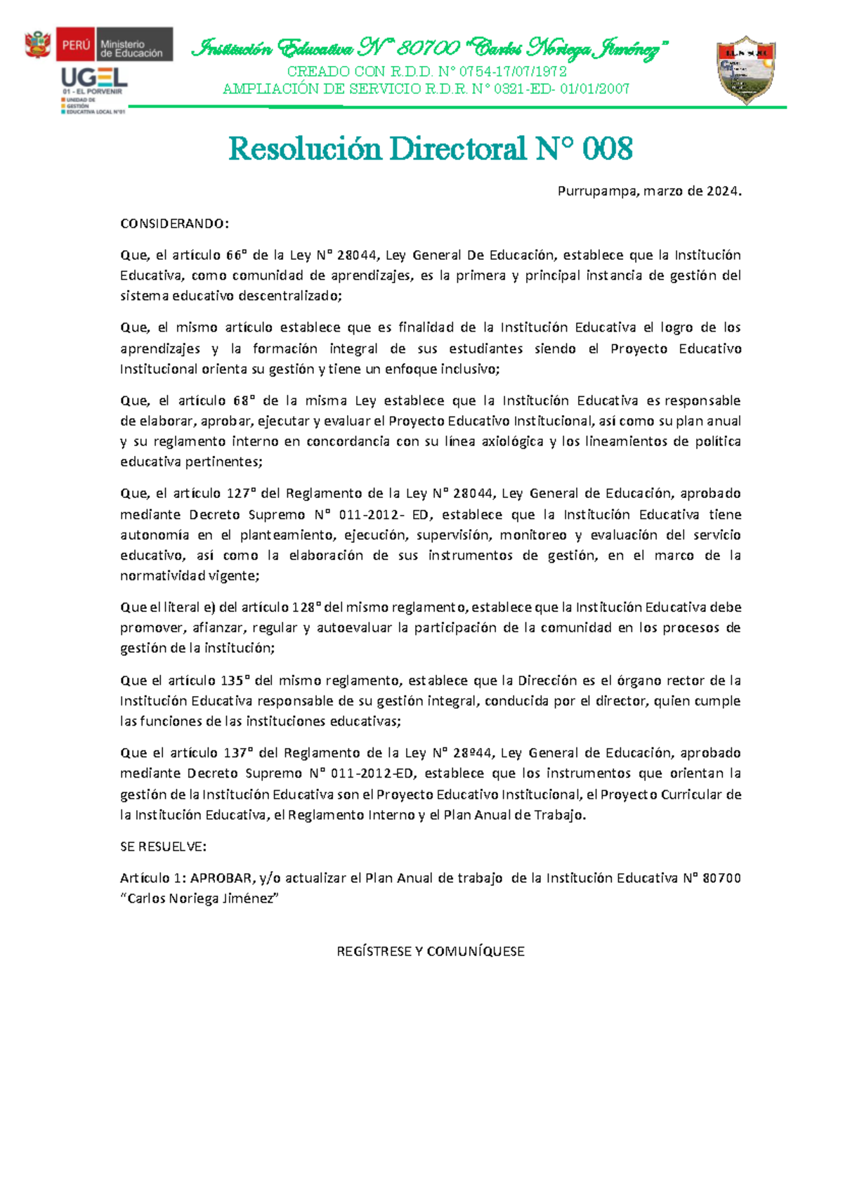 Plan Anual de Trabajo 2024 - Institución Educativa 80700 Noriega - Studocu