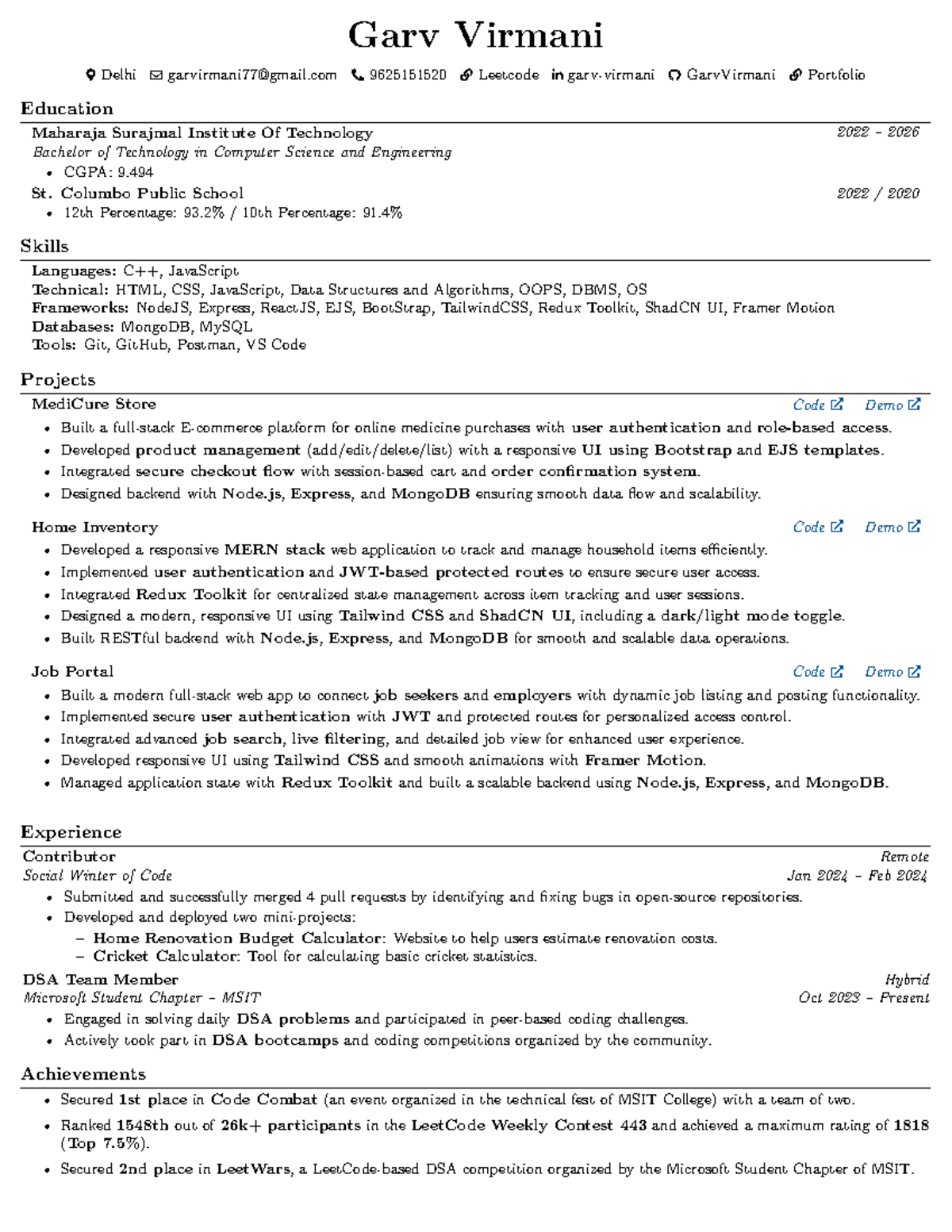 Garv Virmani Resume - B.Tech in CSE (2022-2026) - Skills & Projects ...