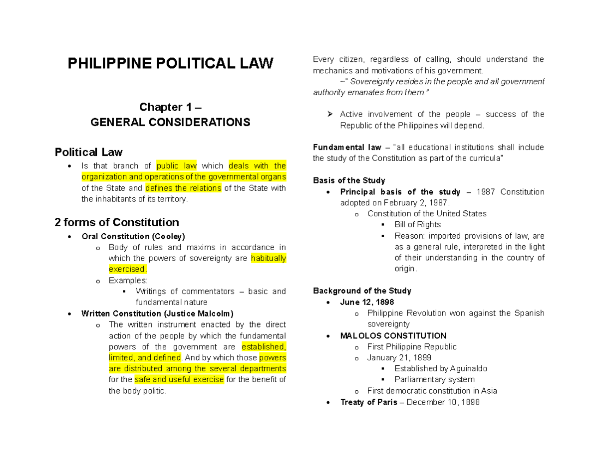 PHILIPPINE POLITICAL LAW Chapter 1: General Considerations and ...