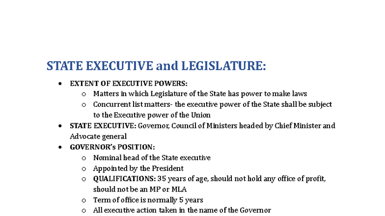 STATE EXECUTIVE & LEGISLATURE: EXECUTIVE POWERS IN FEDERALISM - Studocu
