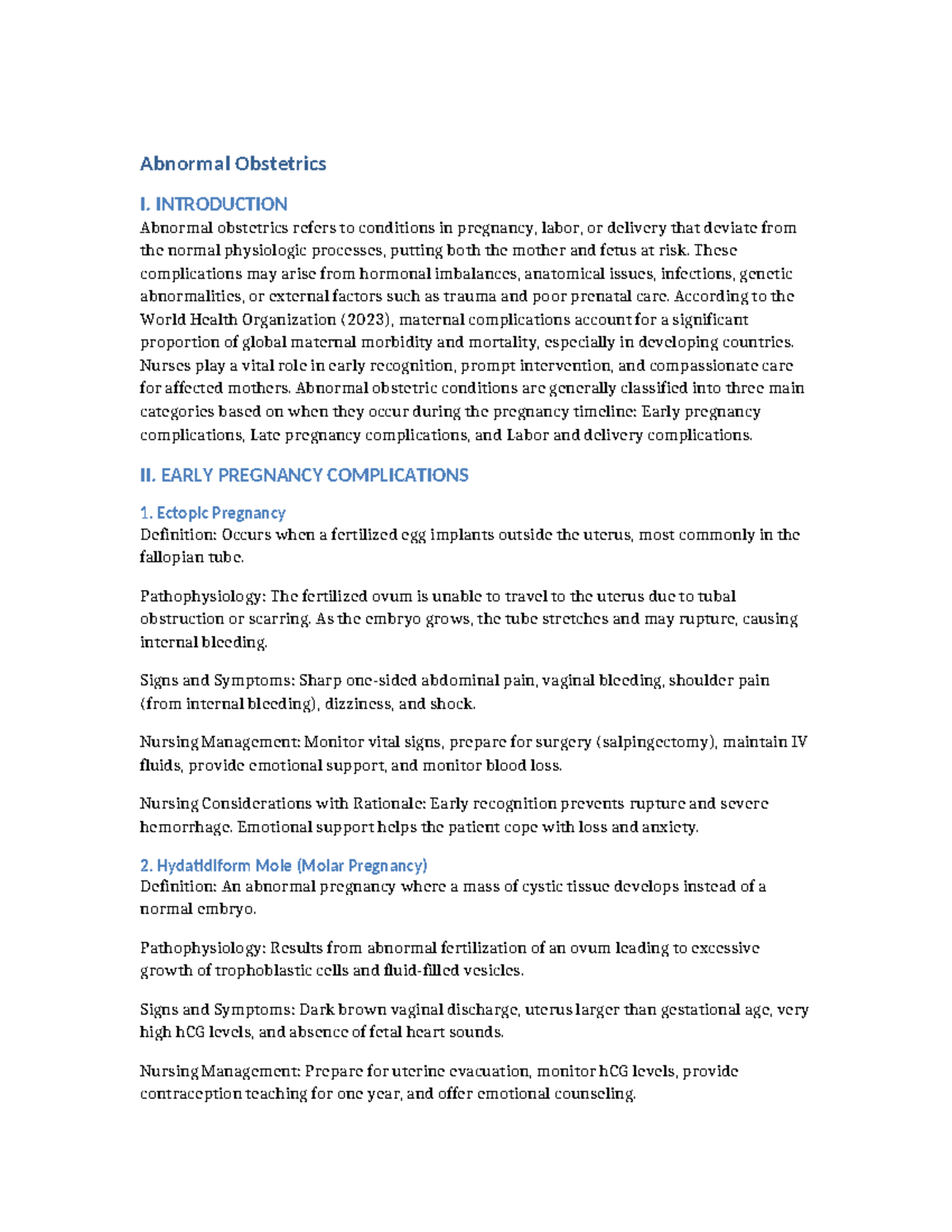 Abnormal Obstetrics: Complications and Nursing Management - Studocu