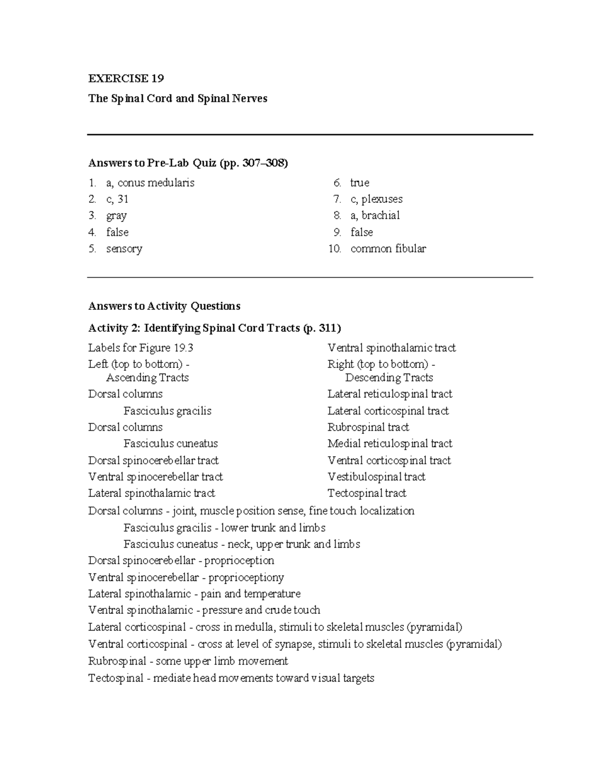 Exercise 19: Spinal Cord Anatomy & Nerve Functions Lab Answers - Studocu