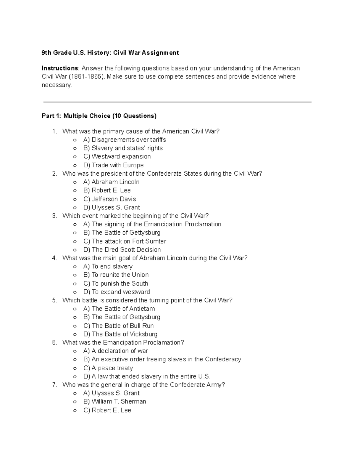 9th Grade U.S. History: Civil War Assignment Guide - Studocu