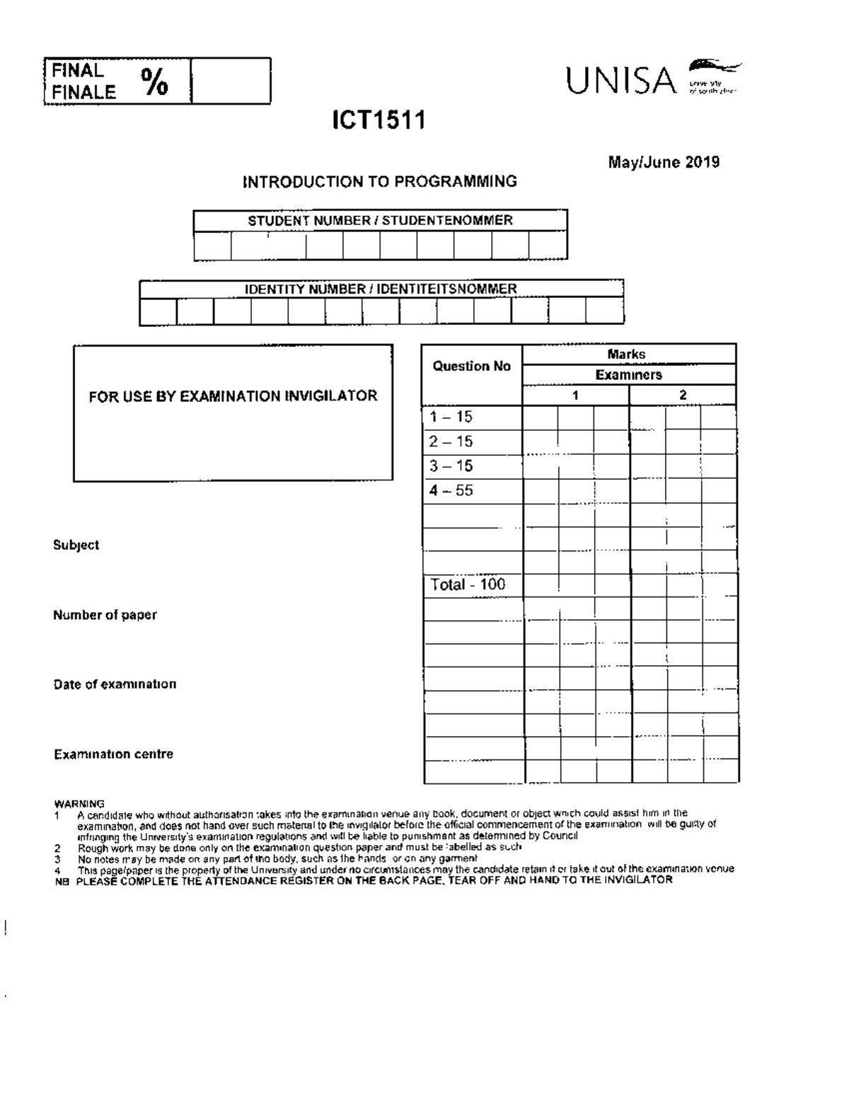 ICT1511 2019 Exam Prep: Question Paper Insights for Success - Studocu