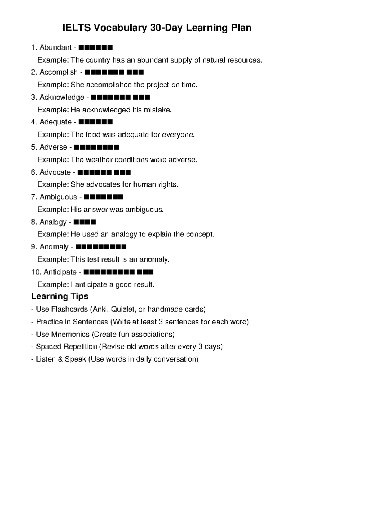 IELTS Vocabulary Learning Plan: 30-Day Challenge - Studocu