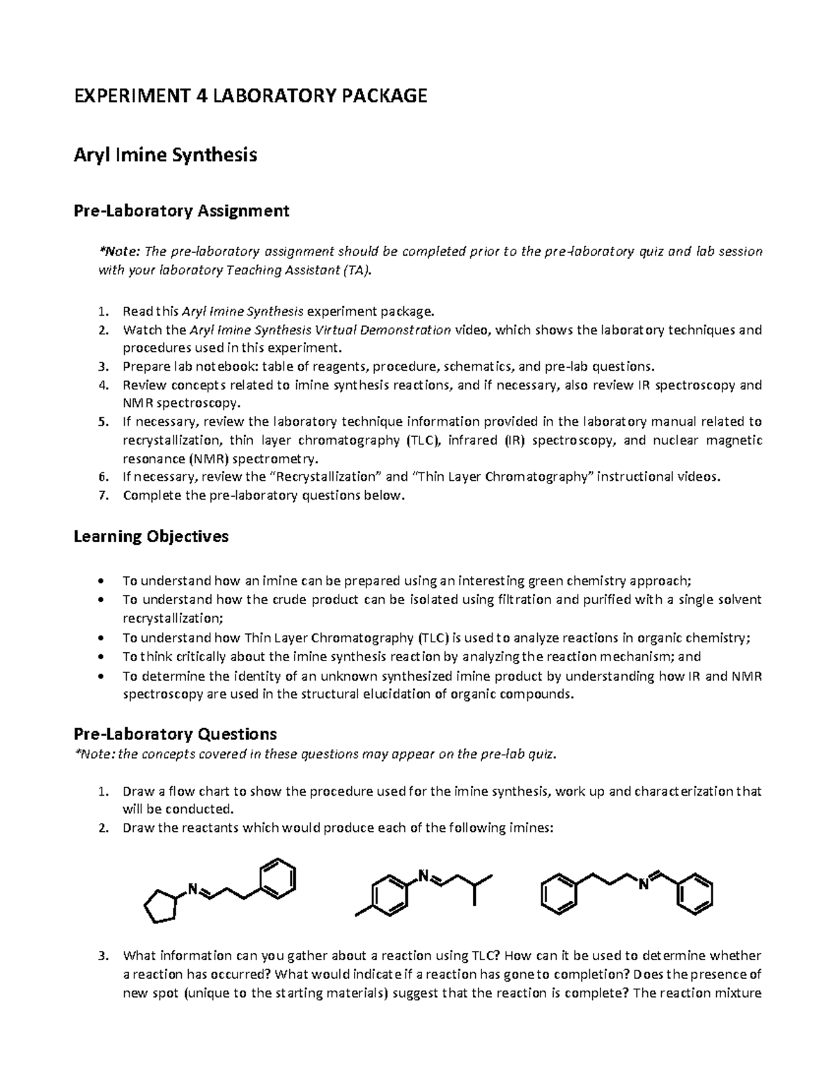 CHEM 301 Aryl Imine Synthesis Lab Instructions and Quiz Prep - Studocu