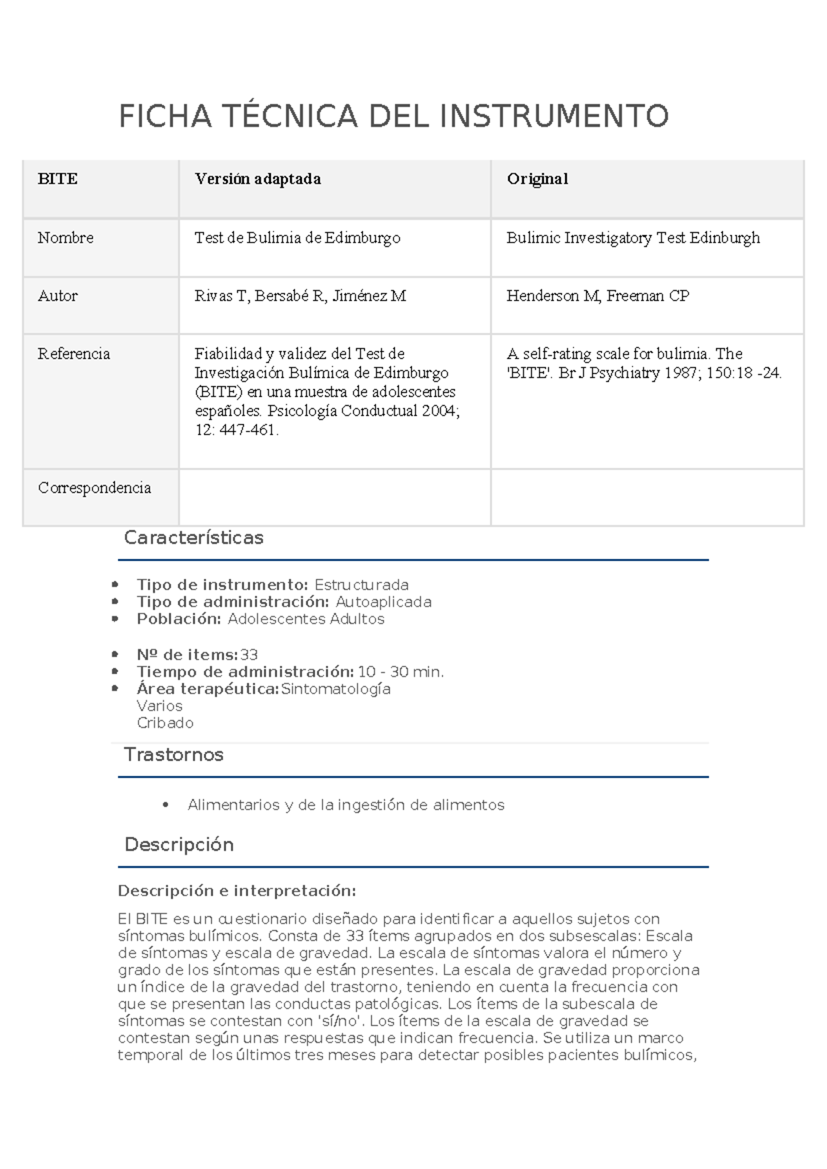 Ficha Técnica del Test de Bulimia de Edimburgo (BITE) - Studocu