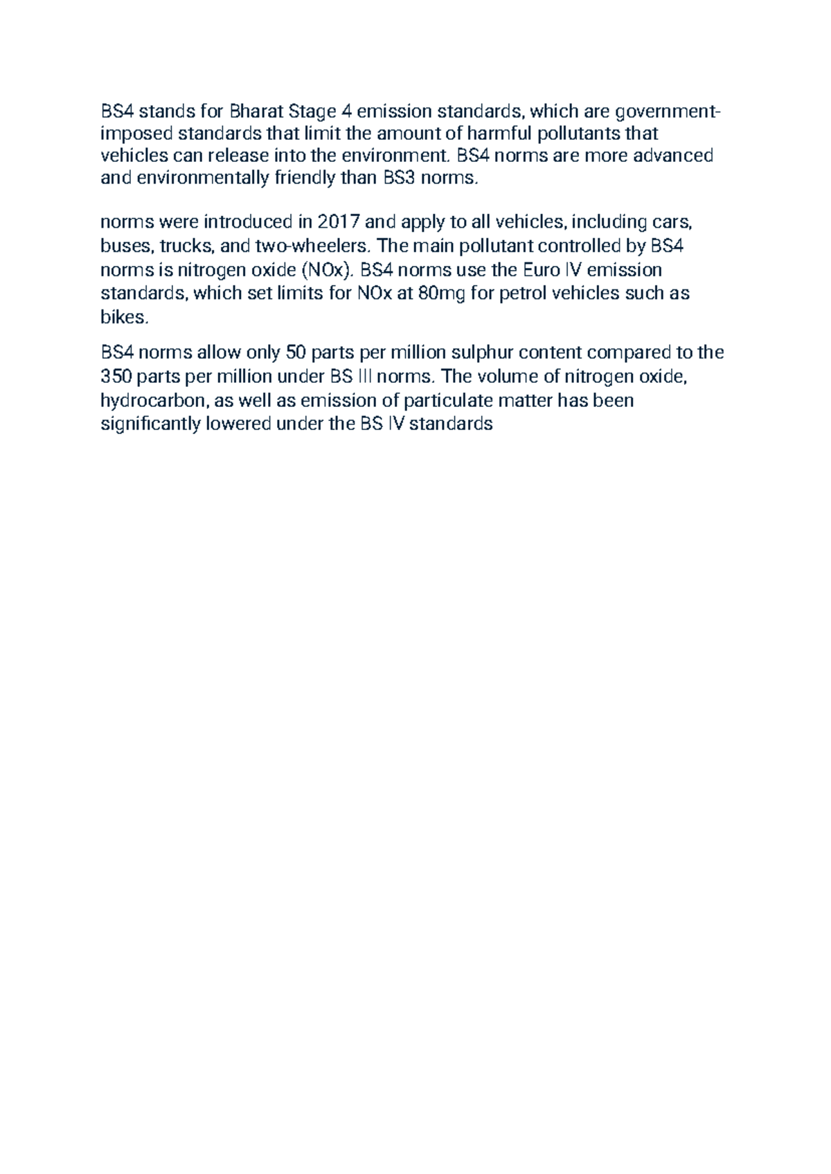 BS4 Draft: Summary of Bharat Stage 4 Emission Standards - Studocu