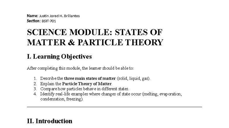 SCI 101: Science Module - States of Matter & Particle Theory - Studocu