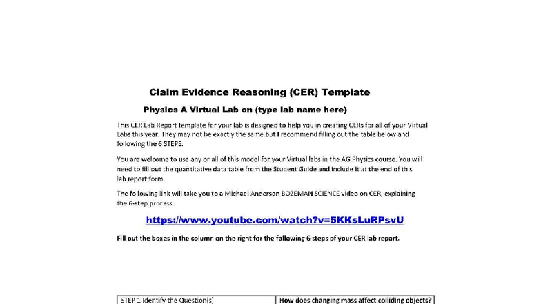 Claim Evidence Reasoning (CER) Template for AG Physics Lab - Studocu