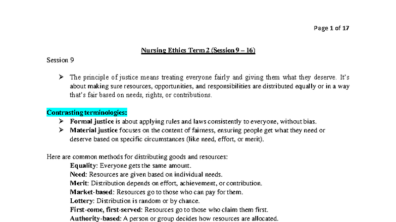 Rev bioethics - CGFTF - Nursing Ethics Term 2 (Session 9 – 16) Session 9 The principle of ...