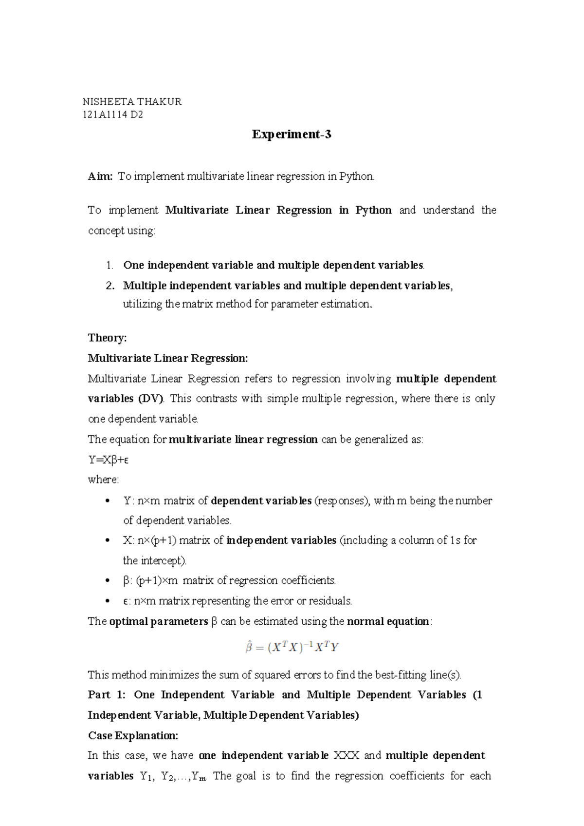 121A1114 D2 ML EXP3 - To implement multivariate linear regression in ...