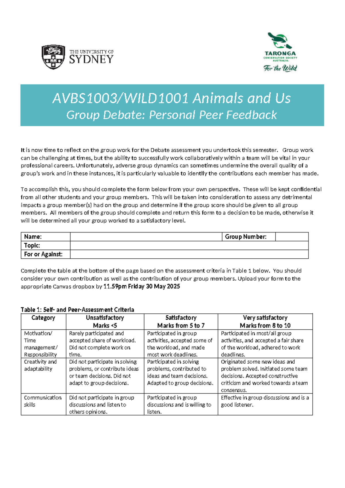 AVBS1003 Group Debate Peer Feedback Reflection Form 2025 - Studocu
