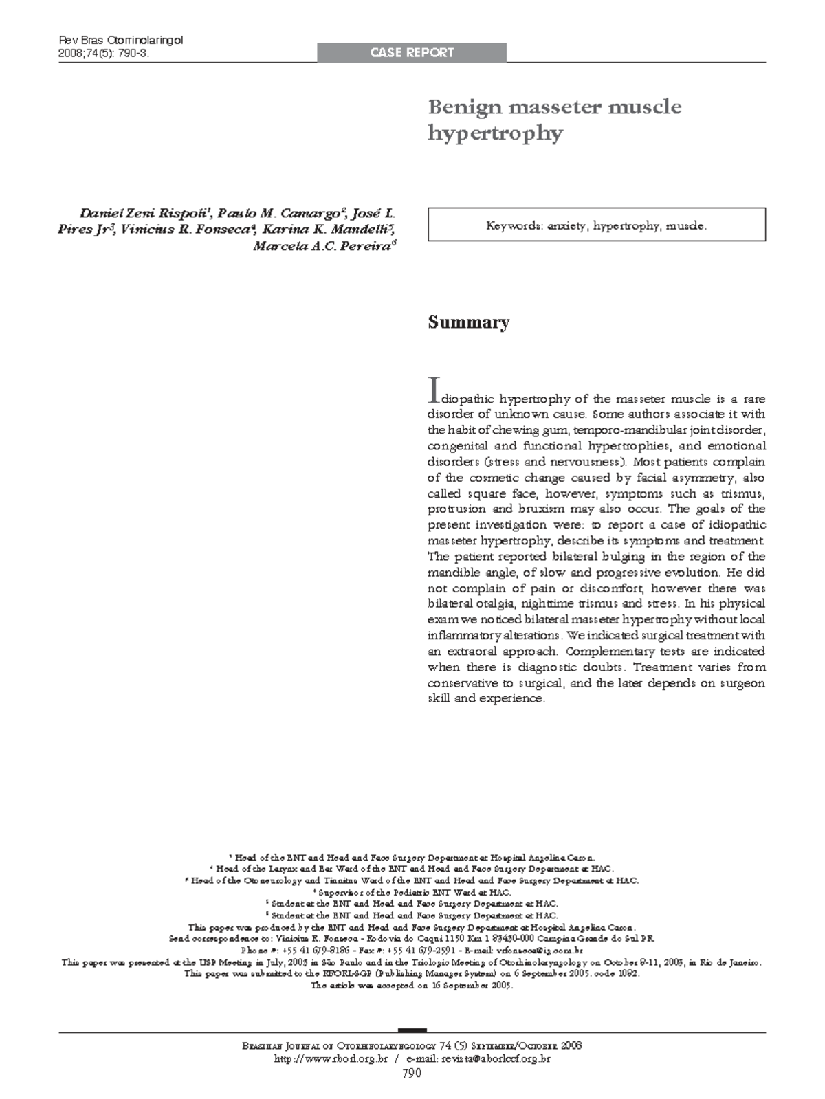 Rev Bras Otorrinolaringol Case Report: Idiopathic Masseter Muscle ...