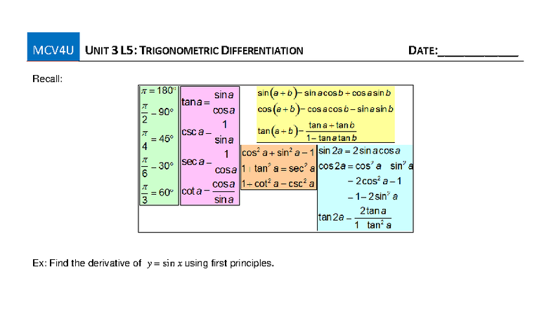 MCV4U Unit 3 L5: Trigonometric Differentiation & Derivatives - Studocu