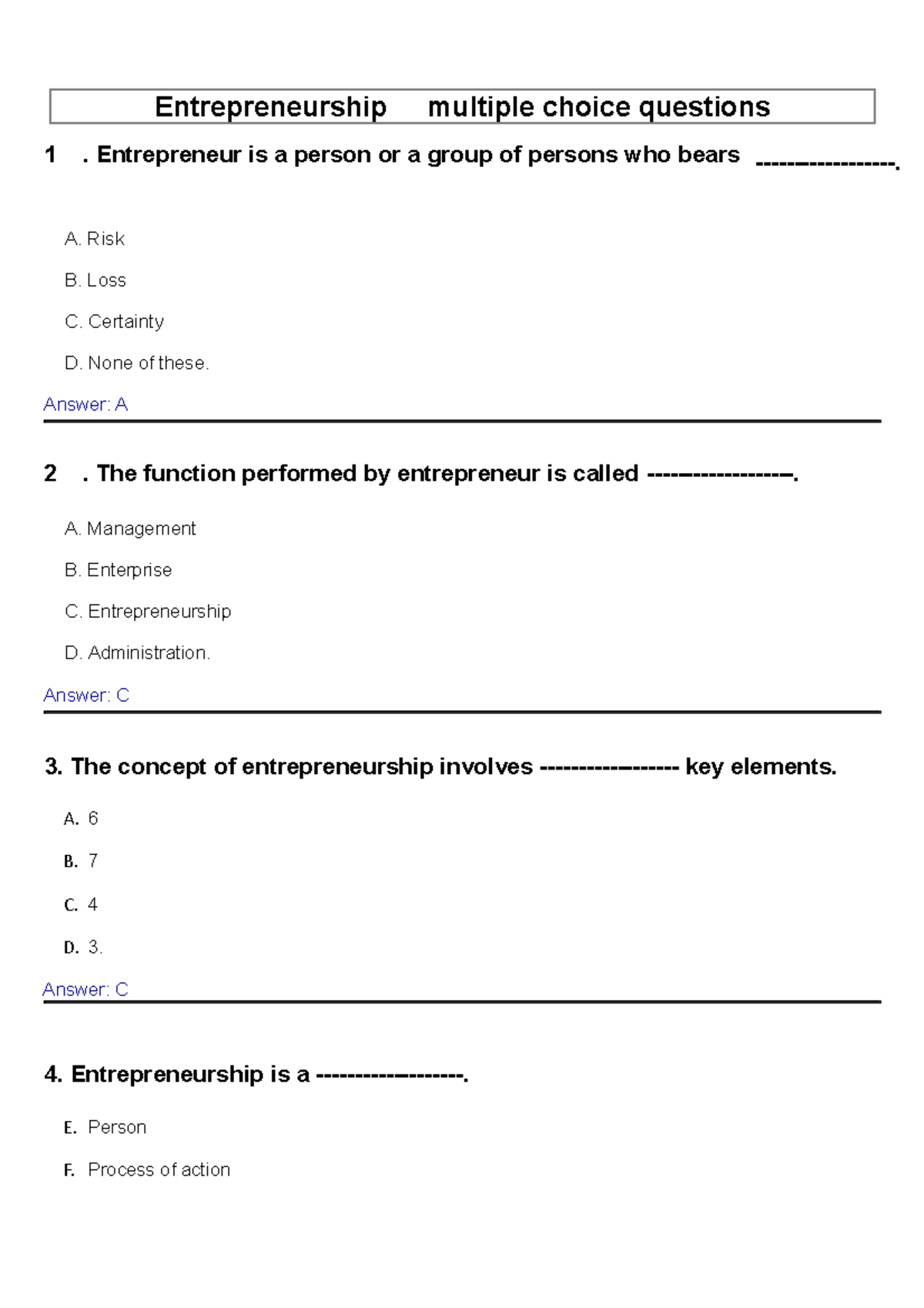 Entrepreneurship questions - Entrepreneurship multiple choice questions 3. The concept of - Studocu