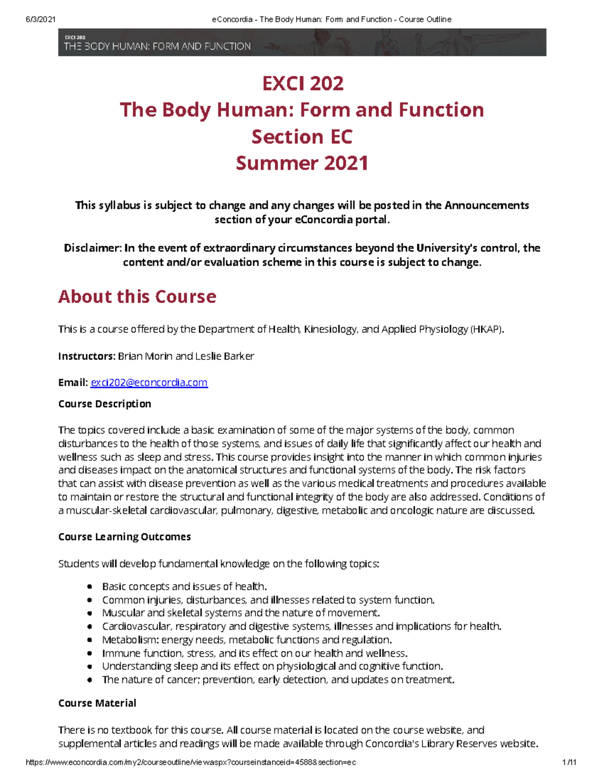 E Concordia - The Body Human Form and Function - Course Outline - EXCI ...