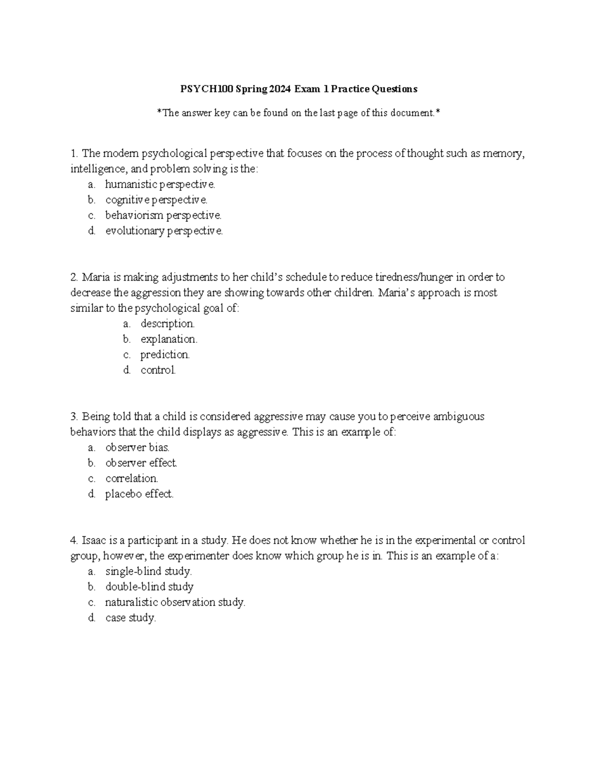 PSYCH100 Spring 2024 Exam 1 Practice Questions & Answer Key - Studocu