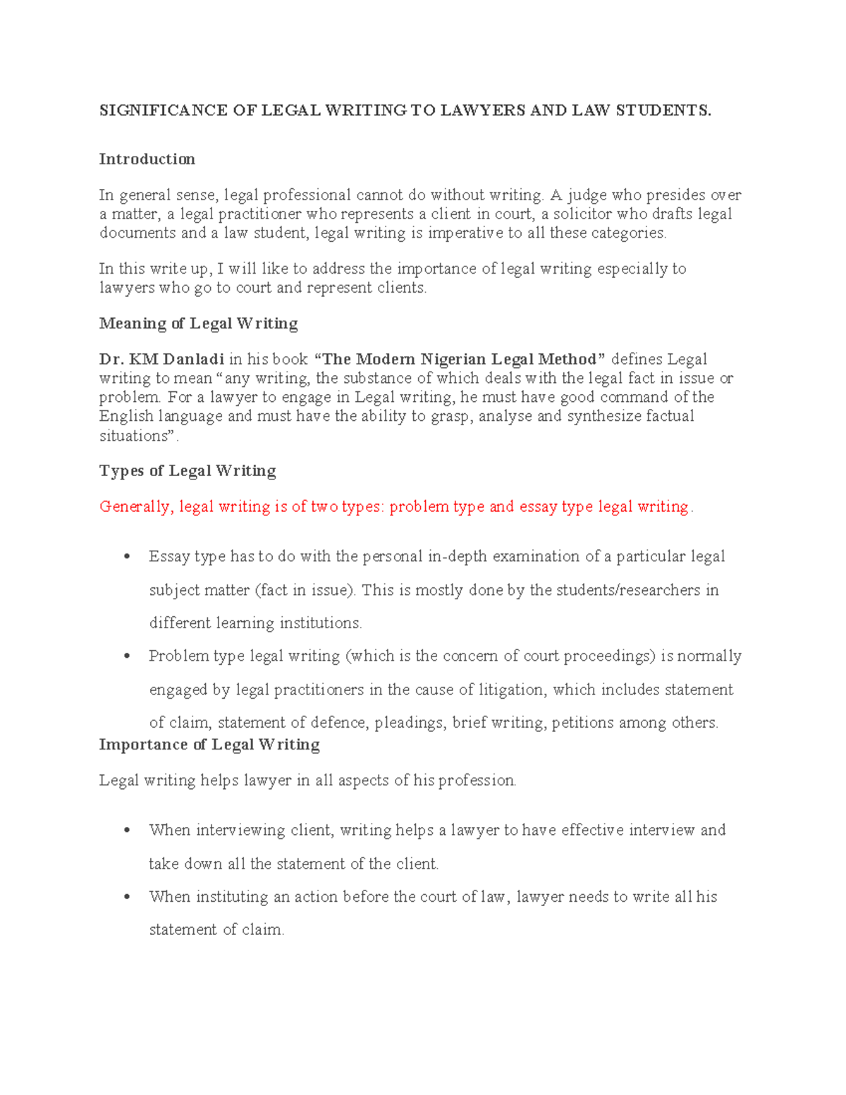 Significance of Legal Writing for Lawyers & Law Students - Studocu