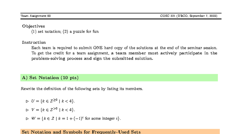 Team Assignment 00 - Set Notation & Symbols COSC 221 - Studocu
