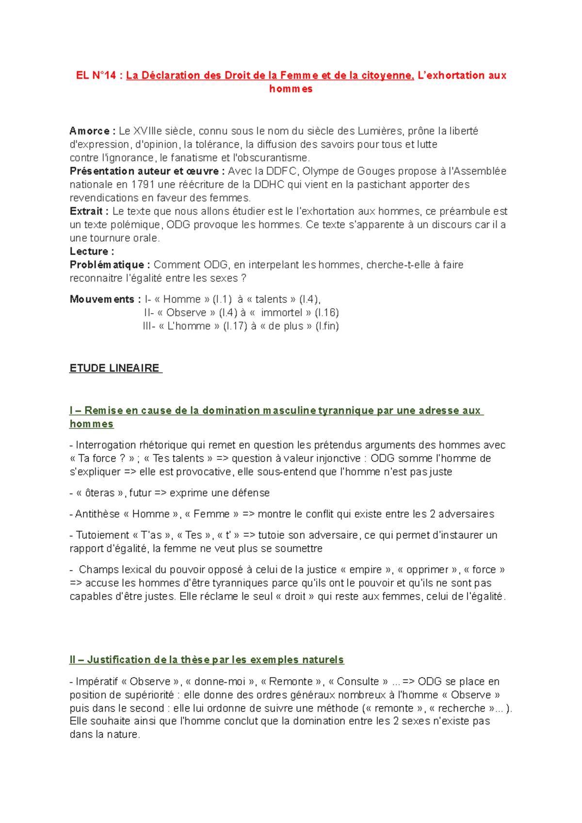 Texte Olympe de Gouges DDFC - Fiche Oral : Extrait 1 Les droits de la ...