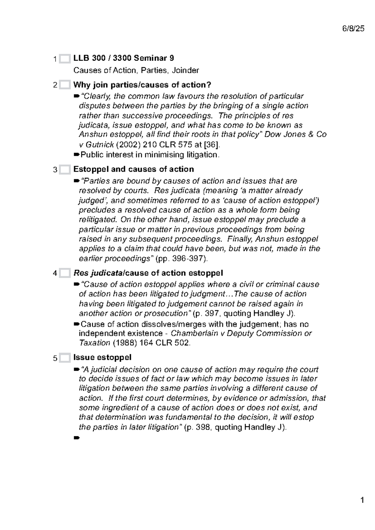 LLB 300 Seminar 9: Causes of Action, Joinder, and Estoppel Principles ...