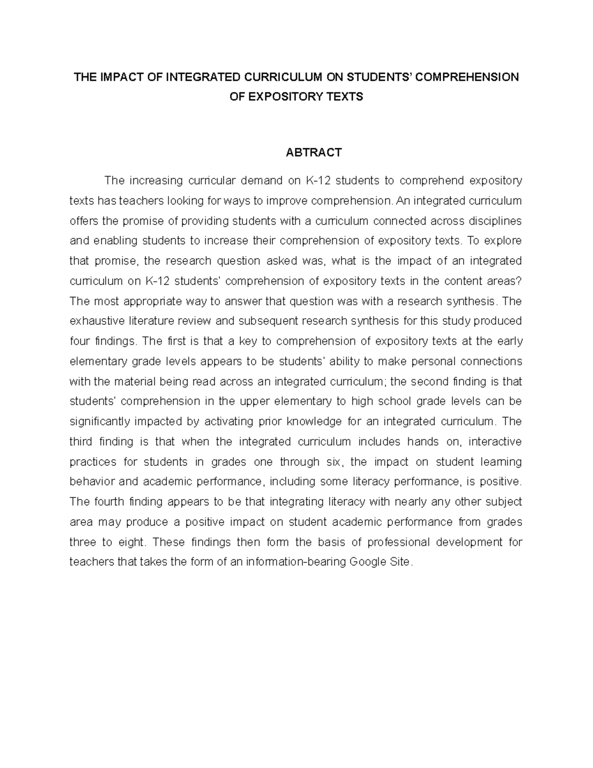 Abstract - THE IMPACT OF INTEGRATED CURRICULUM ON STUDENTS ...