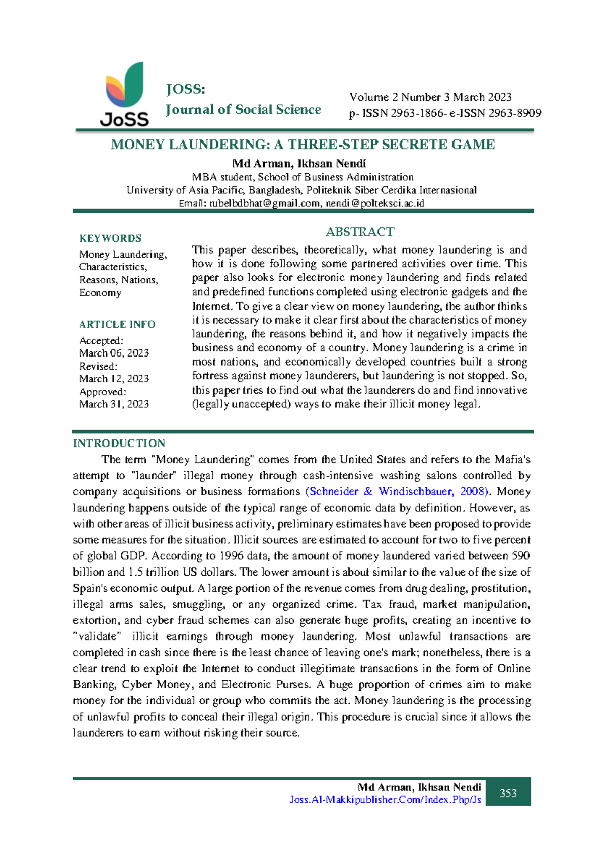 Money Laundering: A Three-Step Secret Game (JOSS Vol 2 No 3) - Studocu