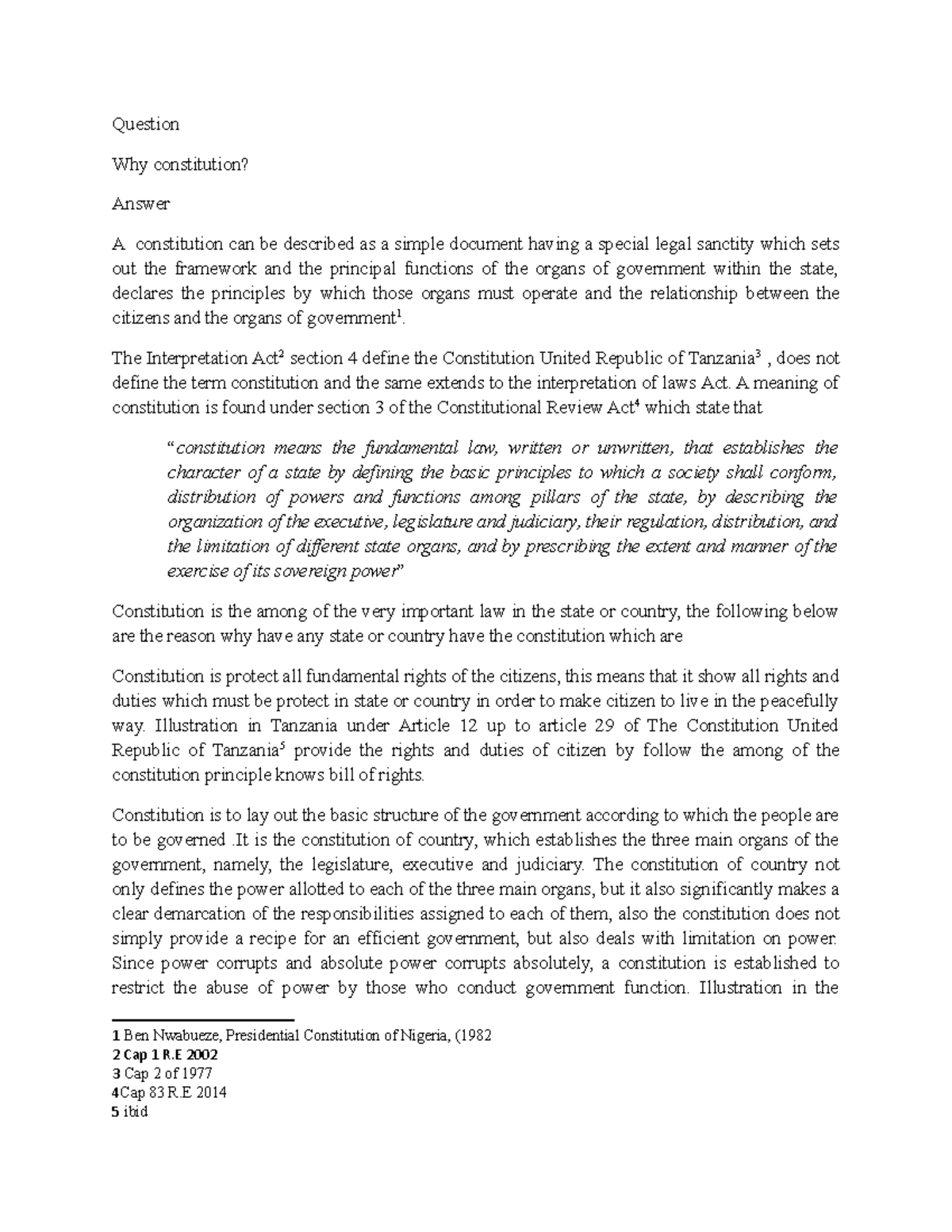 Importance of the Constitution of the United Republic of Tanzania - Studocu