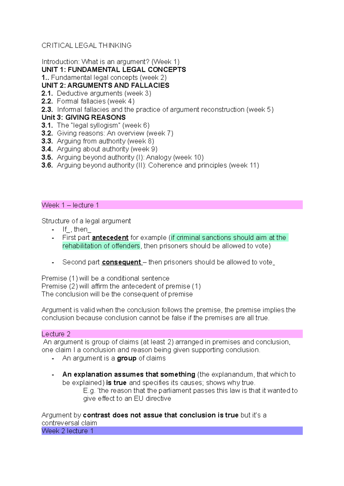 CLT Lecture Notes: Fundamentals of Critical Legal Thinking - Studocu